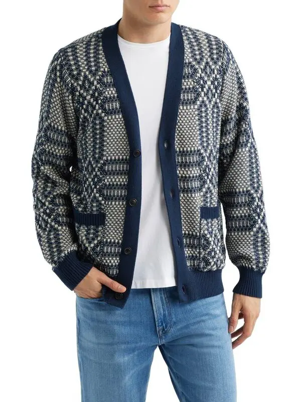 CORRIDOR Overshot Geometric Intarsia Cardigan - Mountain Blue