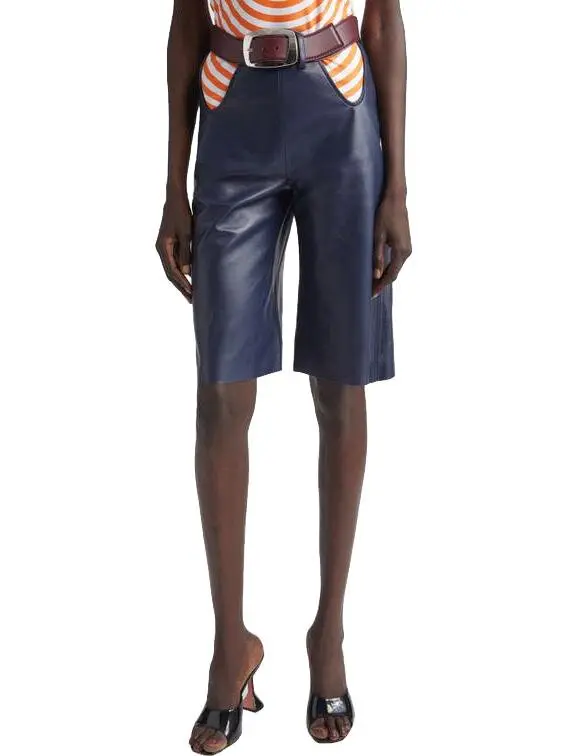 JEAN PAUL GAULTIER Cutout Belted Leather Bermuda Shorts - Navy