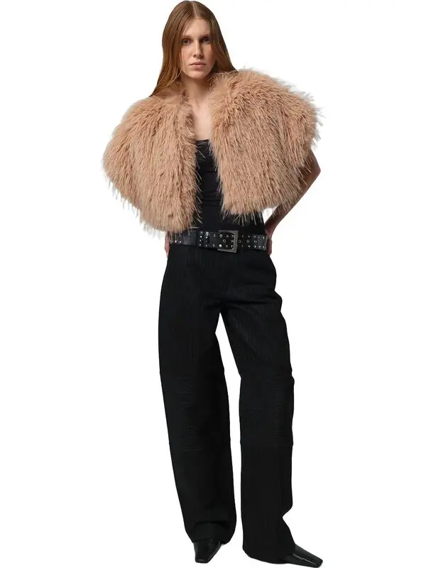 Apparis Devin Faux Fur Shrug With Fringe Detail - Buff