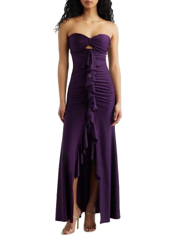 EMERALD SUNDAE Strapless Ruffle Sateen Gown - Eggplant