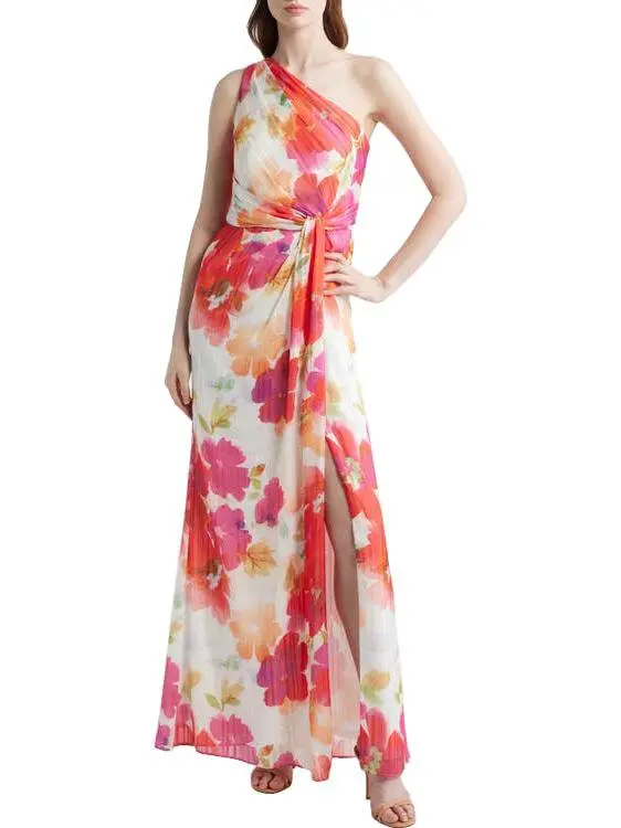 Adrianna Papell Metallic Floral One-shoulder Gown - Ivory/coral/pink Multi