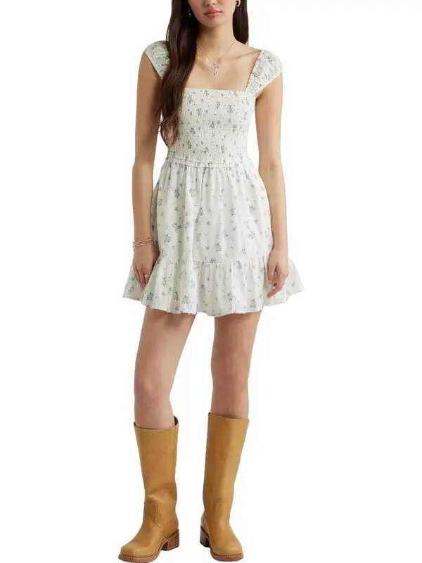 Bp. Cap Sleeve Cotton Mini Dress - Ivory- Blue Field Flowers