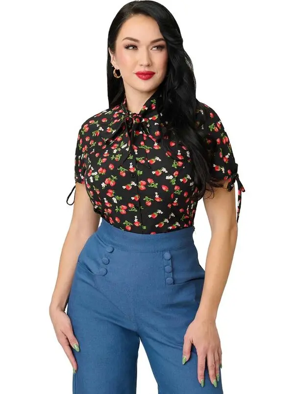 Unique Vintage Chita Blouse - Black & Berry Print