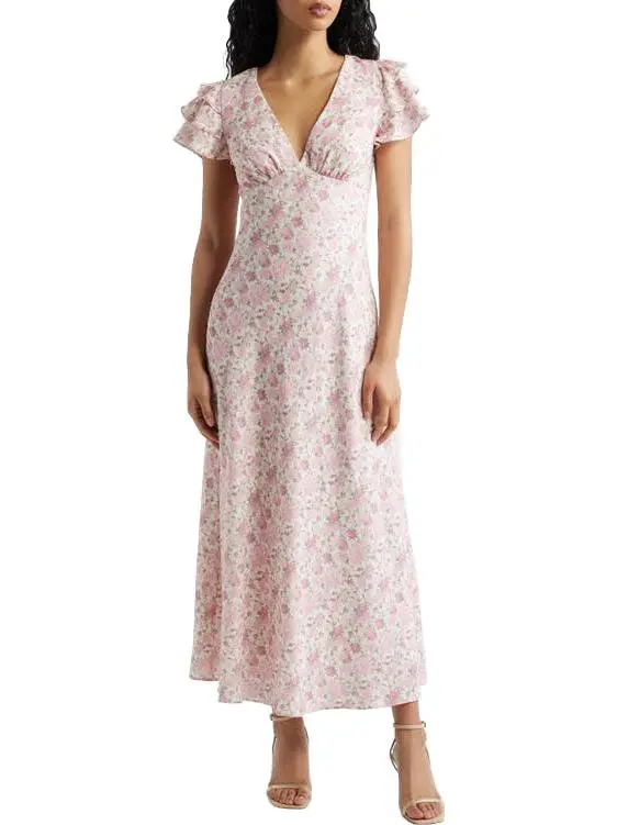 Lulus Vienna Floral Flutter Sleeve Maxi Dress - Ivory Floral