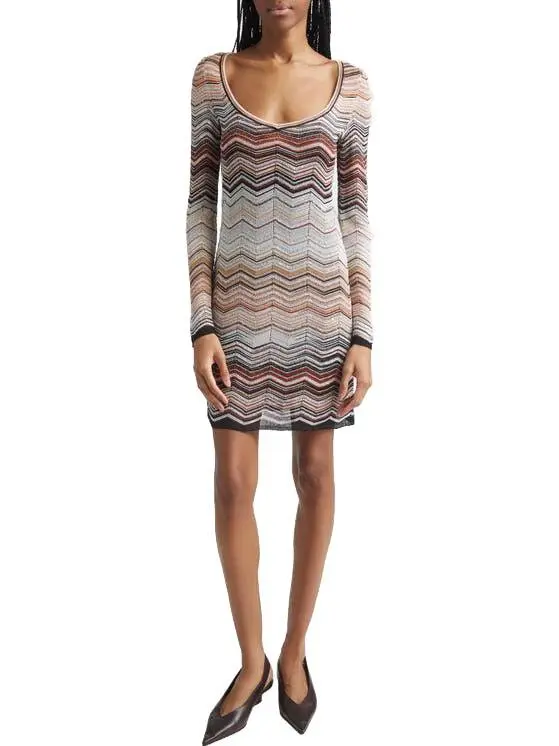 Missoni Metallic Zigzag Sequin Long Sleeve Sweater Dress - Red And Beige Tones