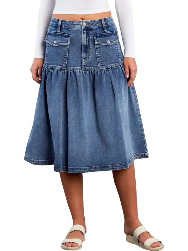 WASH LAB DENIM Petal Midi Skirt - Flounce Denim