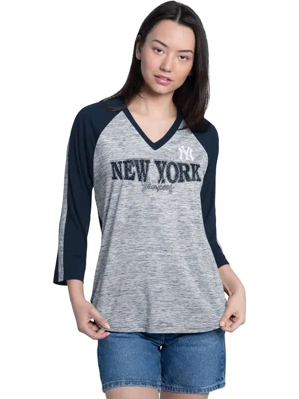 G-III 4HER BY CARL BANKS Heather New York Yankees 3/4-sleeve Rhinestone V-neck T-shirt - Navy