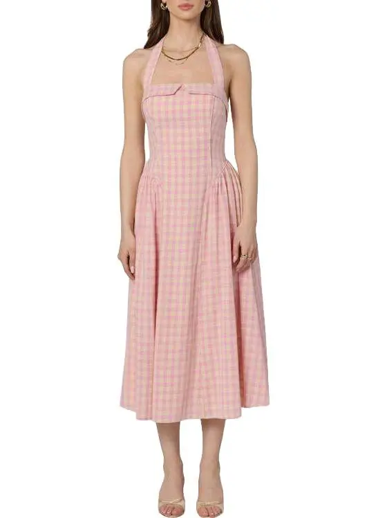 Astr The Label Marianna Halter Midi Dress - Pink Plaid