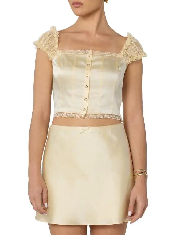 Astr The Label Elliana Lace Trim Satin Crop Top - Butter Yellow
