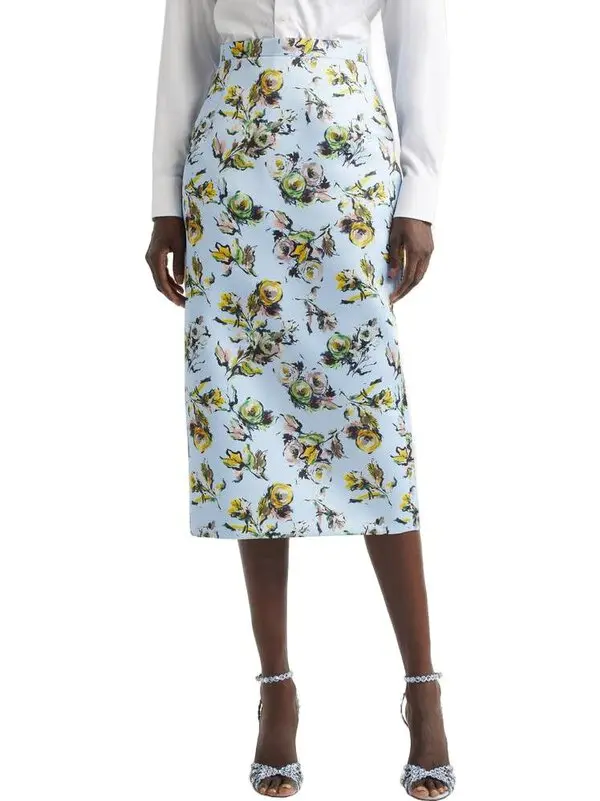 EMILIA WICKSTEAD Lorelei Floral Satin Pencil Skirt - Floral Green/yellow On Blue