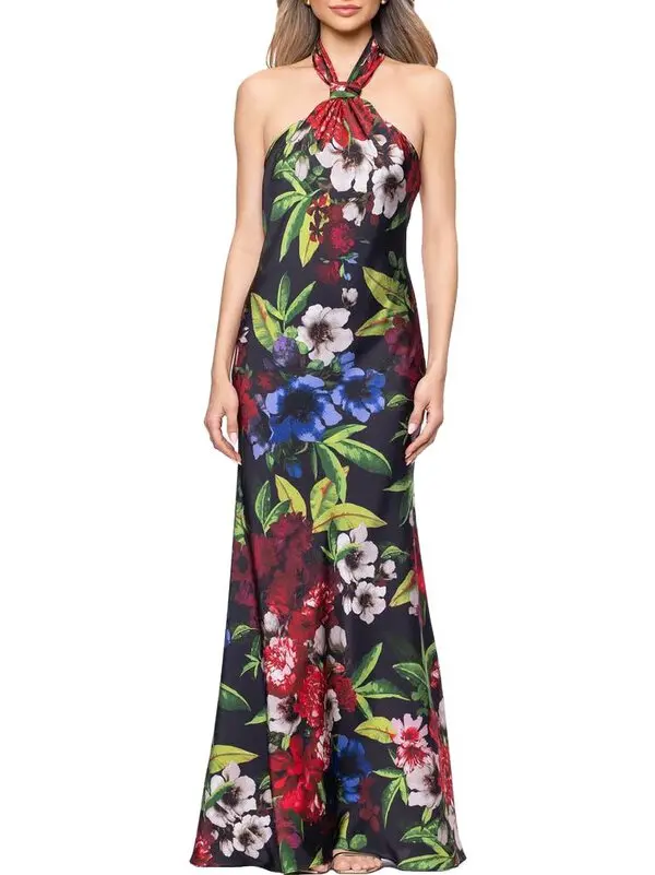 Betsy & Adam Floral Print Satin Halter Gown - Black/multi