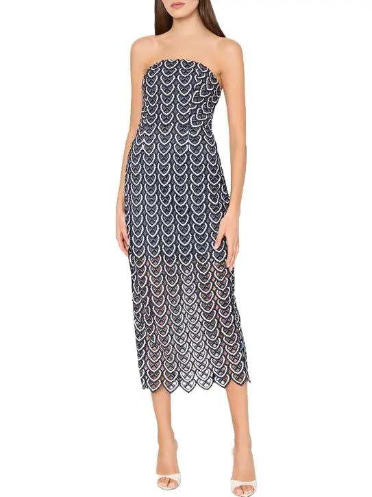 MILLY Kait Strapless Lace Midi Dress - Navy/white