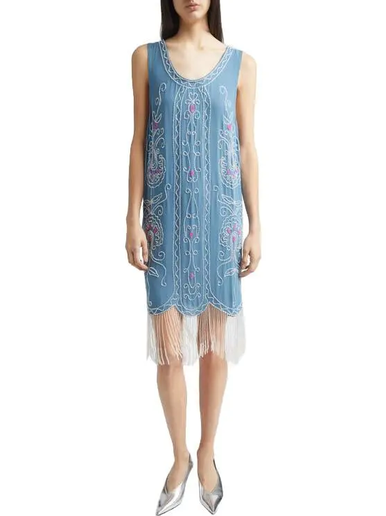 BODE Sea Flower Beaded Fringe Silk Dress - Blue Multi