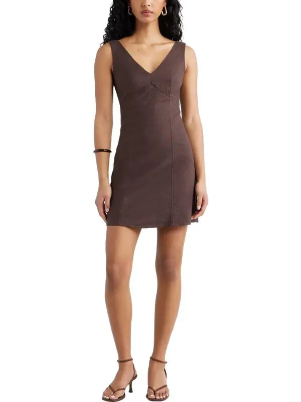 OPEN EDIT Tie Back Linen Blend Mini Dress - Brown Seal