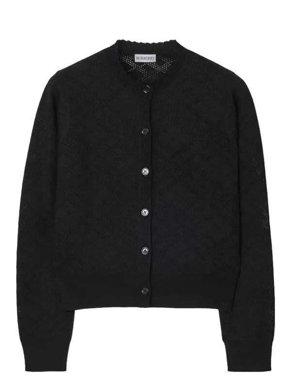 Burberry Wool Silk Check Pointelle Cardigan With Crocheted Collar - Black