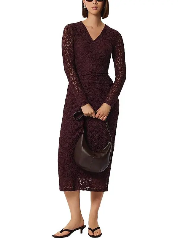 Whistles Ruched Bodice Lace Dress - Burgundy
