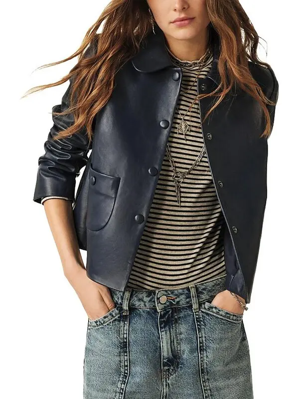 Ba&sh Leather Collared Jacket - Navy