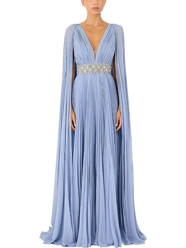 Jenny Packham Embellished-waist Pleated Maxi Gown - Blue Slate