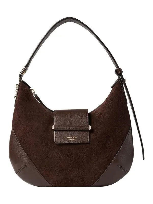 JIMMY CHOO Small Suede Hobo Bag With Biker Leather Trim - Chocolate/chocolate/shiny Gold