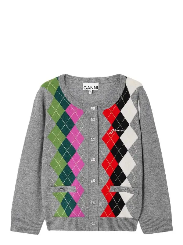 GANNI Logo-embroidered Argyle Merino Wool And Cashmere-blend Cardigan - Gray