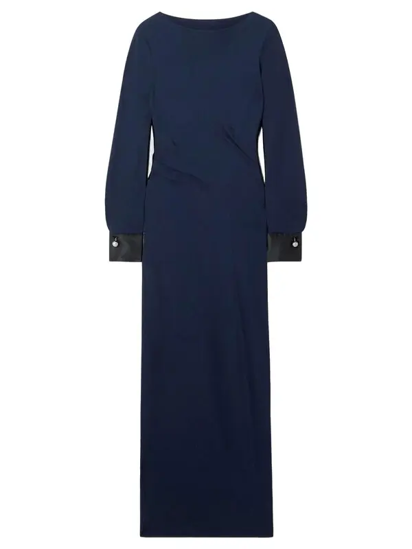 LANVIN Draped Satin-trimmed Crepe Maxi Dress - Navy