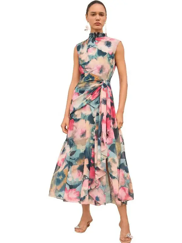 Lela Rose Printed Chiffon Draped Dress - Floral