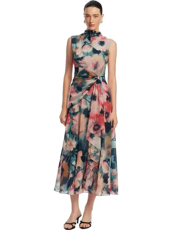Lela Rose Printed Chiffon Draped Dress - Floral