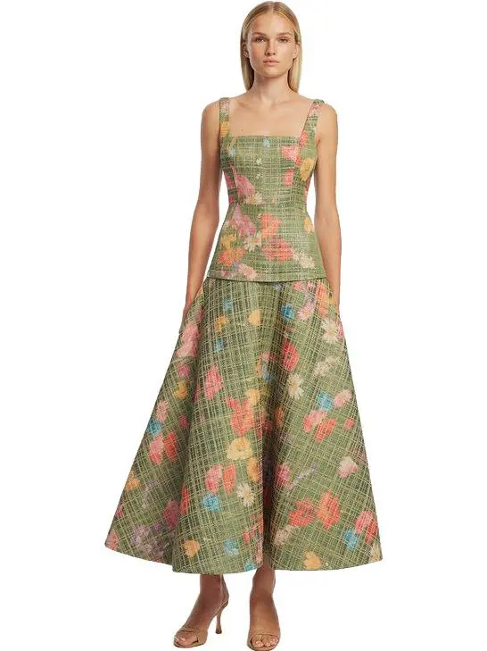Lela Rose Floral Raffia Square Neck Dress - Green / Yellow