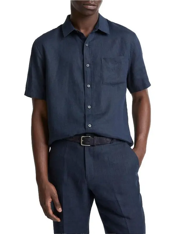 Vince Linen Short-sleeve Button-front Shirt - Black