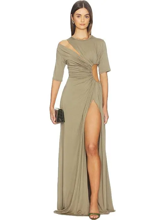 SID NEIGUM Gathered Slit Maxi Dress - Olive