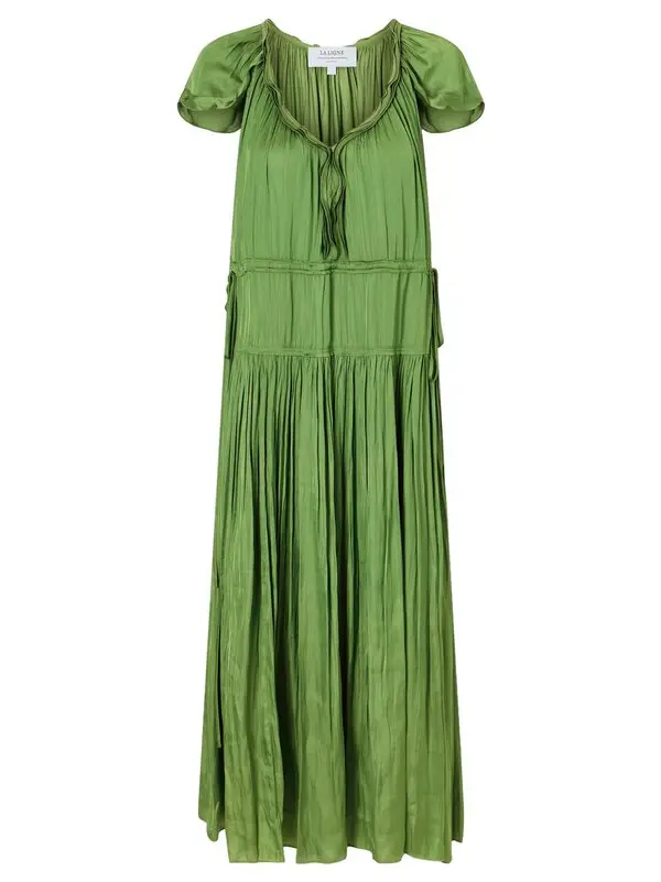 LA LIGNE Pintucked Ruffled Satin Midi Dress - Green