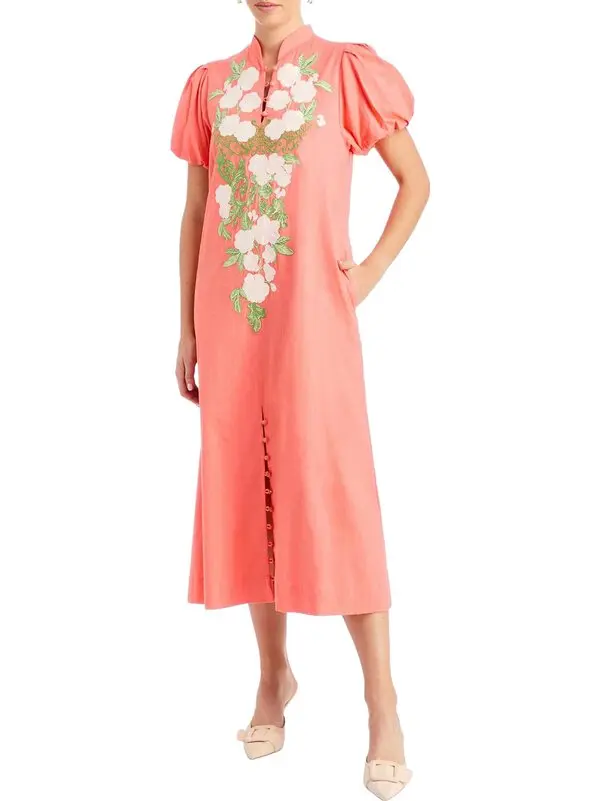 Mestiza New York Elliana Embroidered Floral Barong Midi Dress - Orange