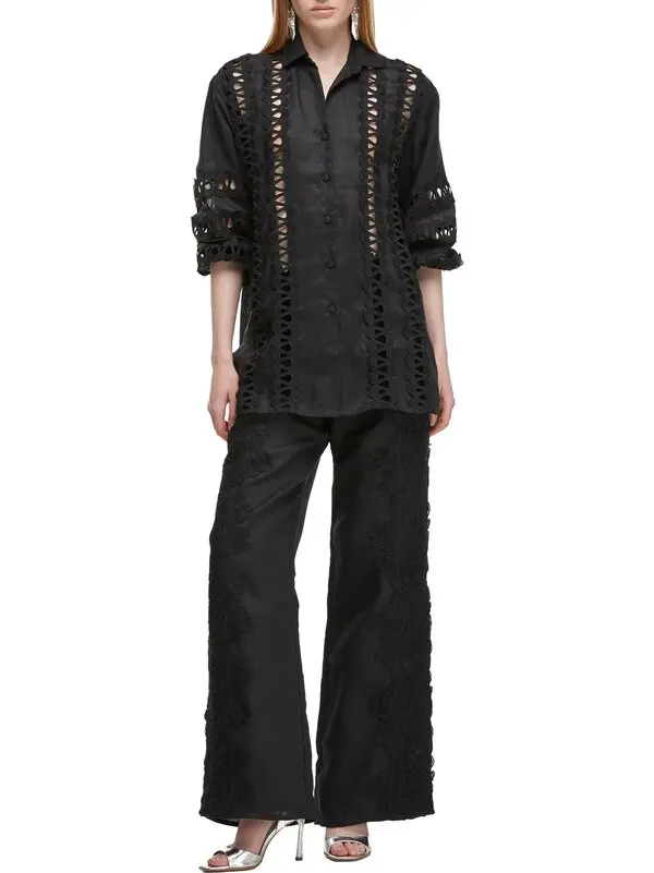 Waimari Solana Embroidered Linen Button-up Shirt - Black