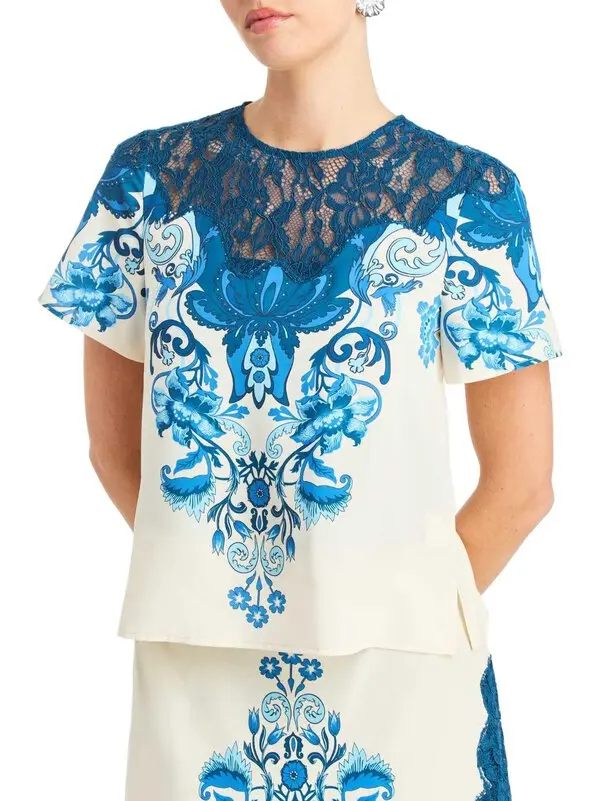 Mestiza New York Floral Twill Lace Crewneck Top - Blue