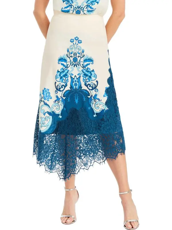 Mestiza New York Floral Twill Lace Asymmetric Midi Skirt - Blue