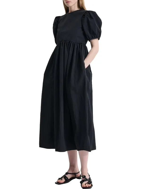 Cecilie Bahnsen Bodil Taffeta Gathered Puff-sleeve Midi Dress - Black
