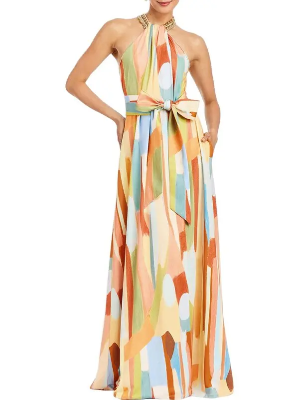Mestiza New York Bijou Abstract Twill Chain Halter Gown - Multicolor