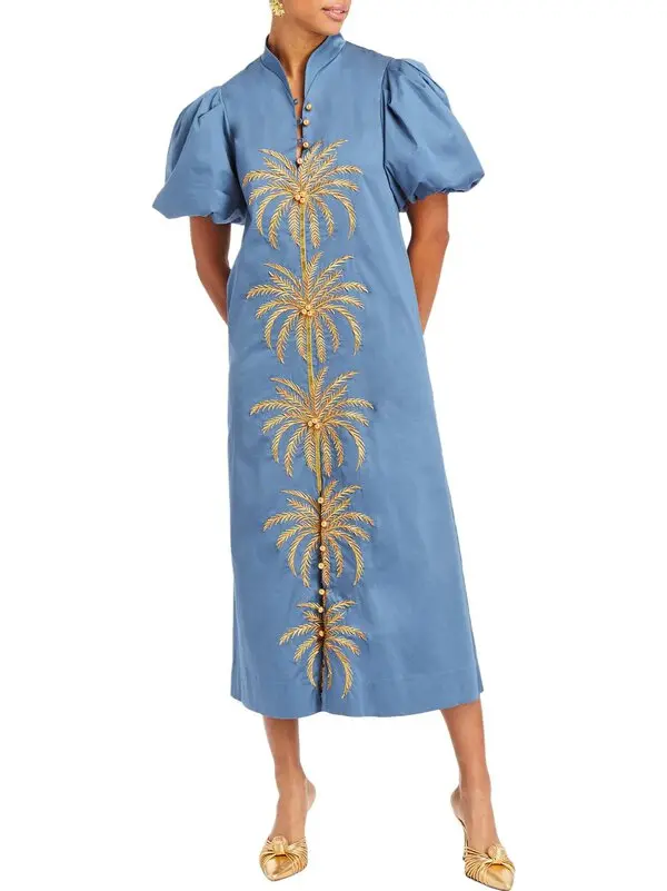 Mestiza New York Elliana Embroidered Cotton Poplin Midi Dress - Blue