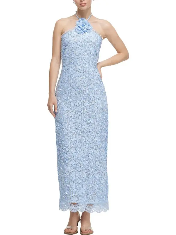 Waimari Beso De Luna Floral Sequin Halter Maxi Dress - Blue