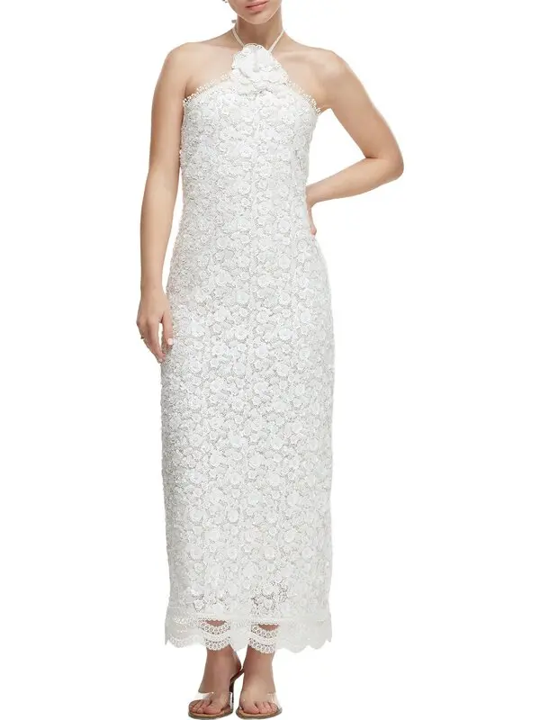 Waimari Beso De Luna Floral Sequin Halter Maxi Dress - White
