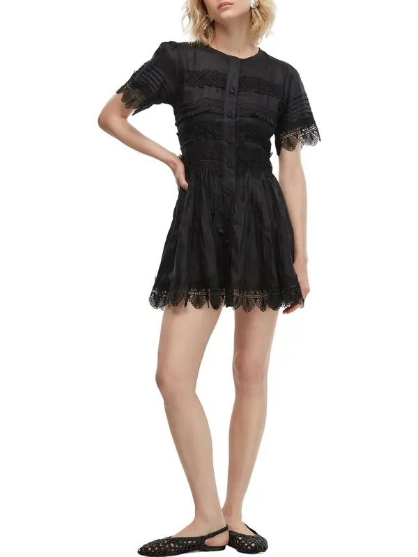 Waimari Violetta Embroidered Lace Linen Mini Dress - Black