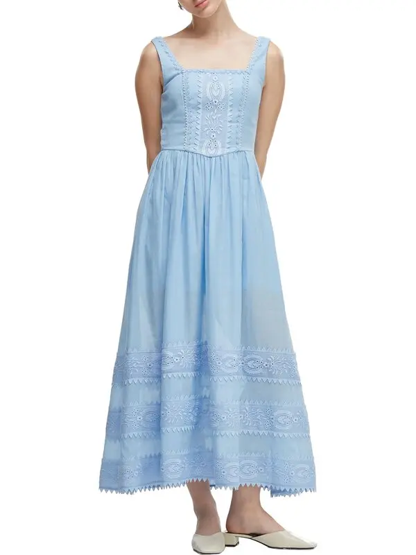 Waimari Alba Embroidered Cotton Corset Midi Dress - Blue