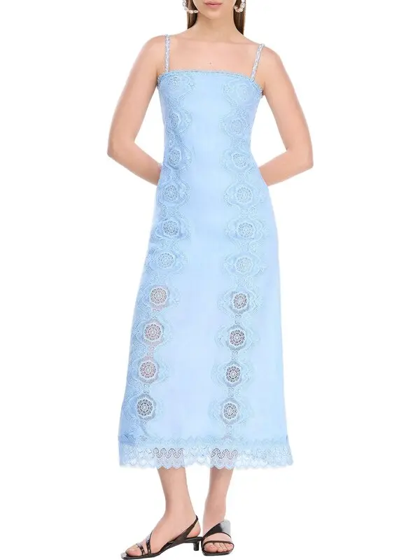 Waimari Rocio Embroidered Lace Linen Maxi Dress - Blue