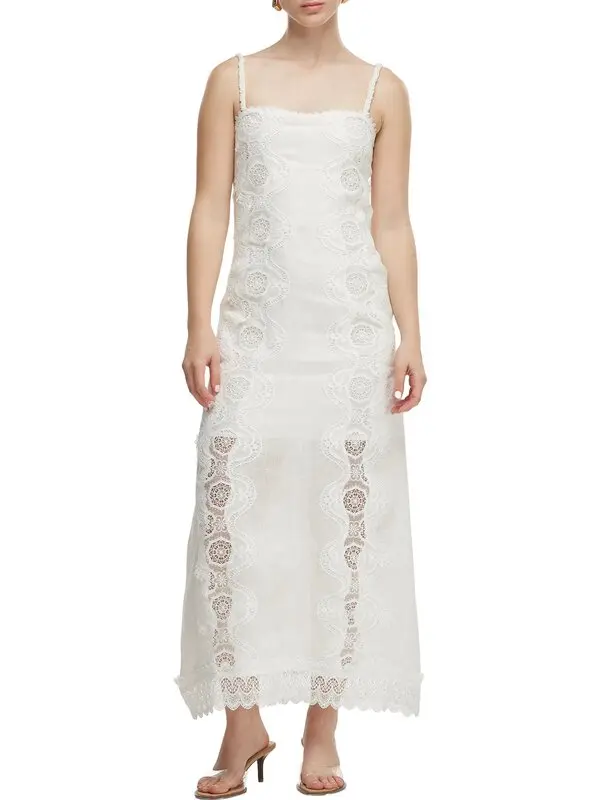 Waimari Rocio Embroidered Lace Linen Maxi Dress - White