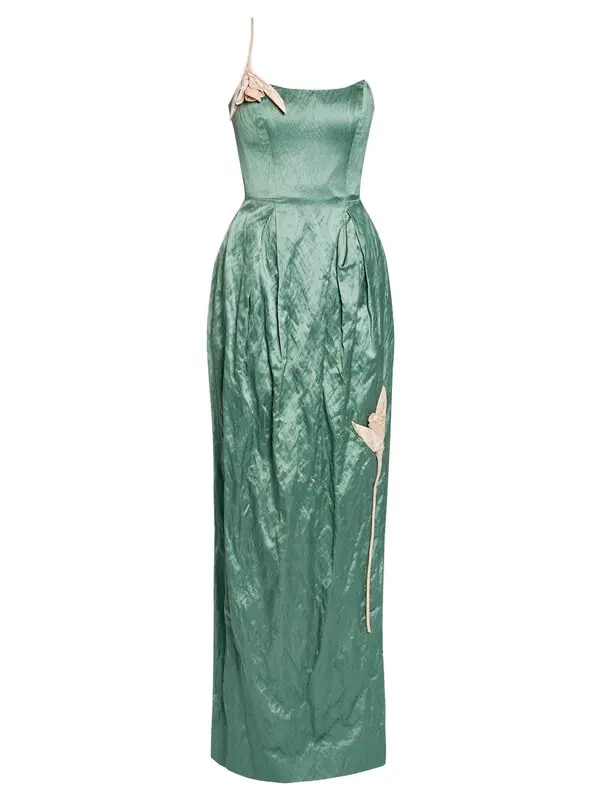 Erdem Floral Appliqué Crushed Satin Bustier Gown - Green