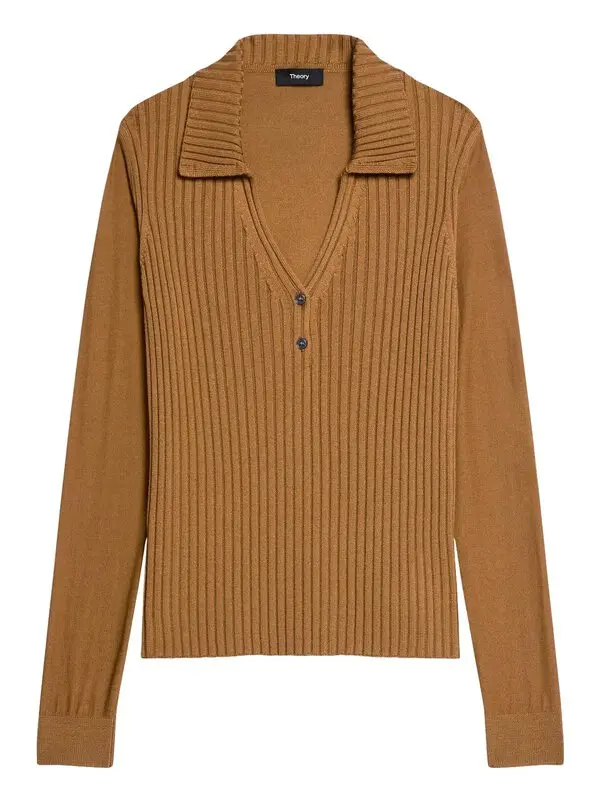 Theory Ribbed Wool Collared Polo Sweater - Brown