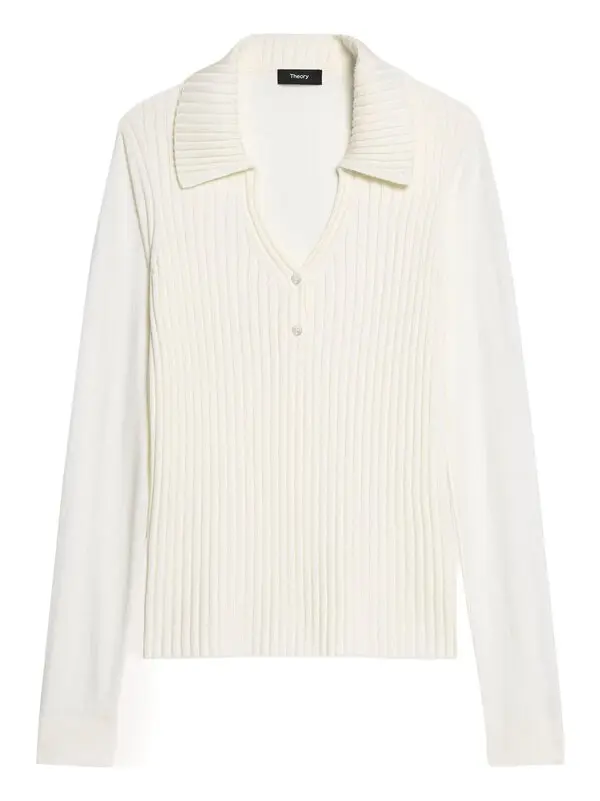 Theory Ribbed Wool Collared Polo Sweater - White