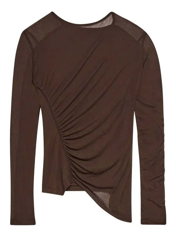Helmut Lang Sheer Jersey Ruched Asymmetric Top - Brown