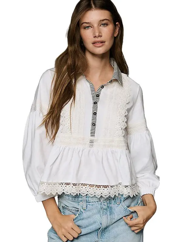 Maeve Lace Placket Blouse - Bright White