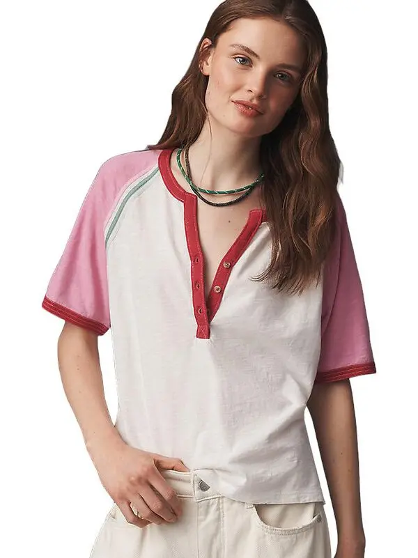 PILCRO Cotton Henley T-shirt - Pink Pattern